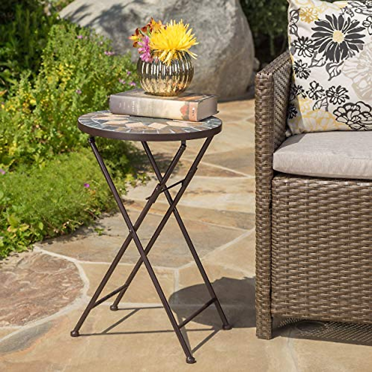 Christopher Knight Home Silvester Outdoor Stone Side Table with Iron Frame, Beige / Black