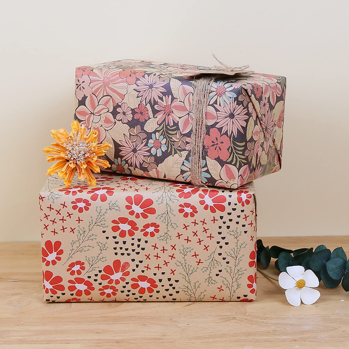 Aimyoo Kraft Floral Wrapping Paper Bundle, Vintage Sunflower Flower Gift Wrap Paper for Wedding Bridal Shower Birthday Rolls of 4, 17 in x 16 ft per Roll