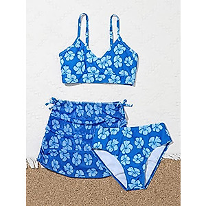 COZYEASE Girls' 3 Piece Set Floral Print Bikini Swimsuit with Drawstring Beach Skirt Cute Ruched Bathing Suit Blue 12 Years