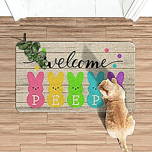 Roszwtit Easter Door Mat 30 X 17 Inch Easter Bunny Welcome Peeps Doormat Indoor Outdoor Entrance Floor Mat Non Slip Easter Decor Rubber Mats