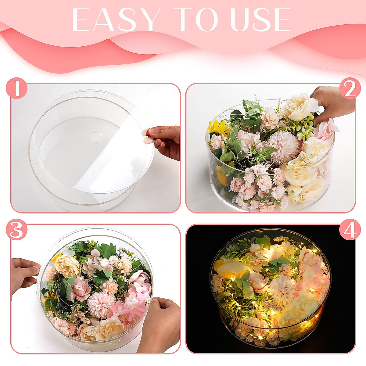 ALEXPRE 2PCS Clear Acrylic Wedding Cake Stand, Fillable Cake Box with Lid, LED Lights, 6 & 10 Inch, 3M LED Lights