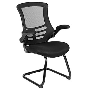 EMMA + OLIVER Black Mesh Sled Base Side Reception Chair with Flip-Up Arms-Office Waiting Room