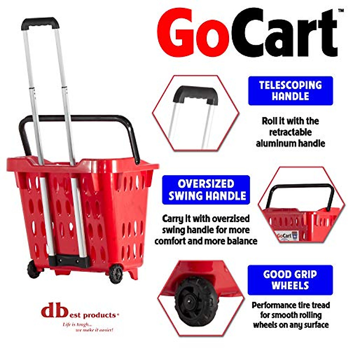 dbest products GoCart, Red Grocery Cart Shopping Laundry Basket on Wheels
