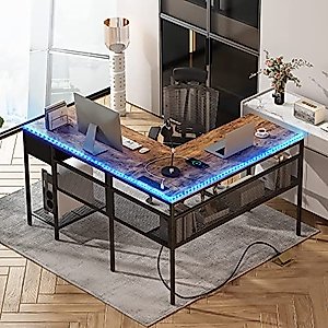 SUPERJARE L Shaped Desk with Power Outlets & LED Lights, Computer Desk with Storage Shelves & Fabric Drawer, Reversible Corner Desk with Bookshelf, Home Office Desk, Rustic Brown