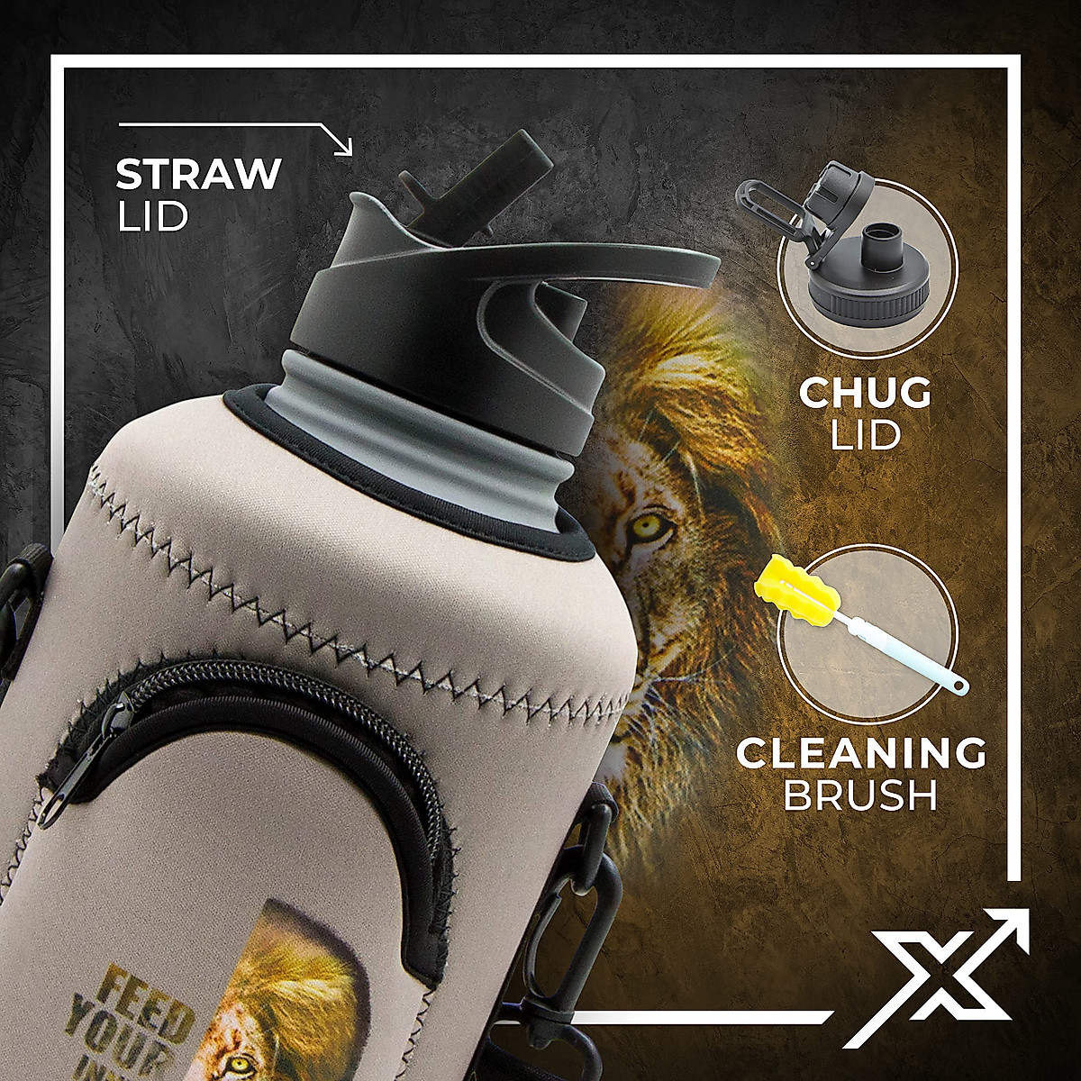 Hot/Cold Insulated Water Bottle - 2.0 Liter (64 oz) Stainless Steel Water Bottles with Sleeve, Carry Strap, Extra Lid, Straw, Cleaning Brushes - Over Half Gallon Large Metal Water Bottle Thermos Jug