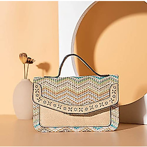 Meyaus Women Mini Patchwork Contrast Color Straw Woven Crossbody Shoulder Bag Top-handle Bag Handbag
