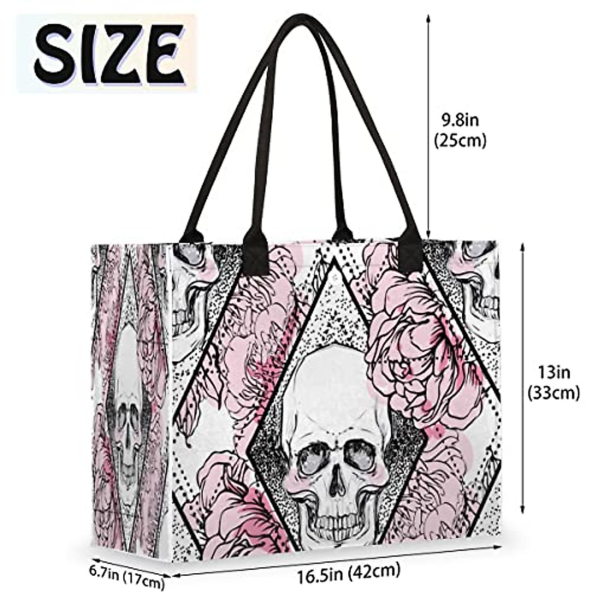 Flower Skull Reusable Grocery Shopping Bag with Hard Bottom, Gothic Skull Floral Large Foldable Multipurpose Heavy Duty Tote with Zipper Pockets, Stands Upright, Durable and Eco Friendly, Beach Bag