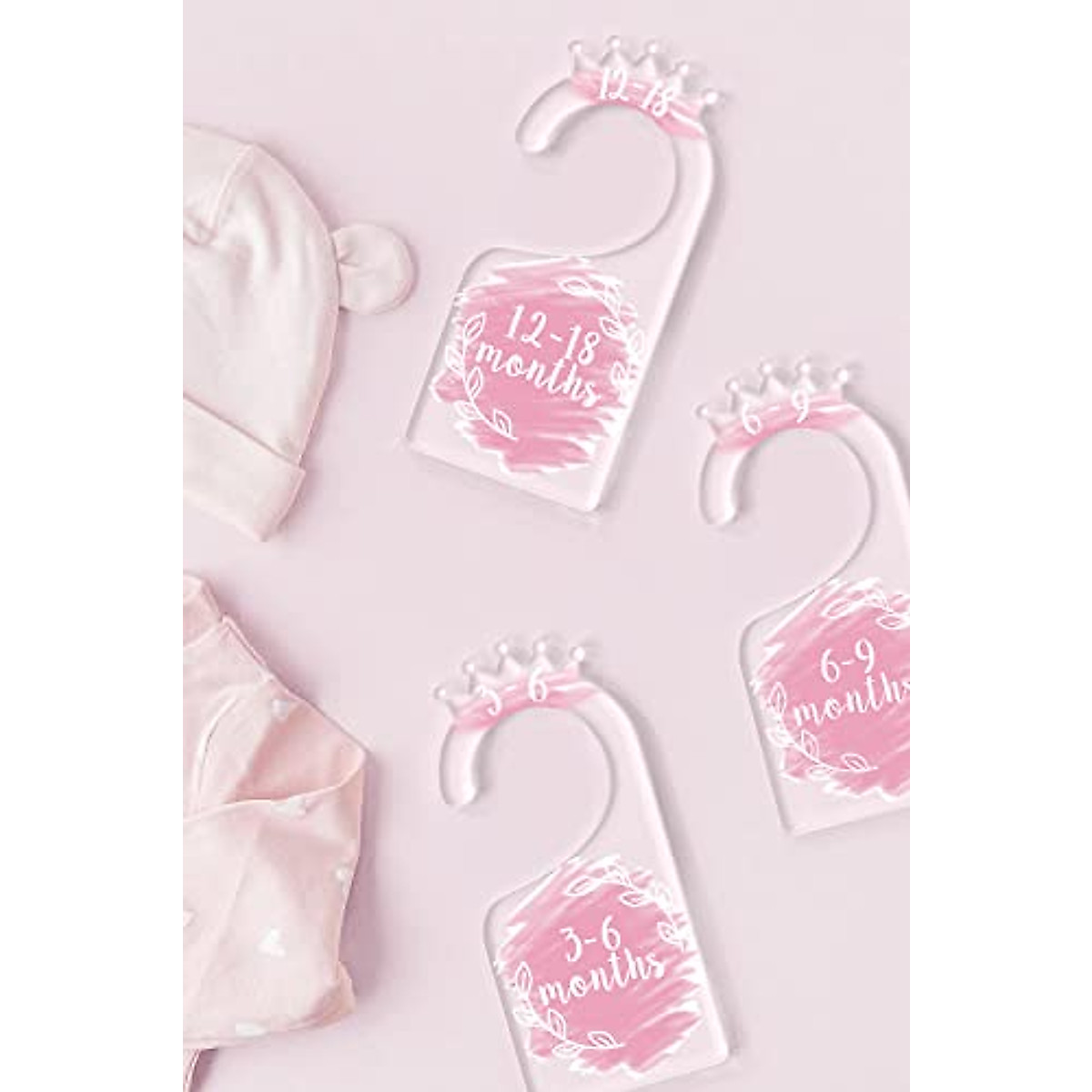 OneDream Baby Closet dividers Hanger separators - Set of 7 Baby Clothes dividers for Closet from Newborn to 24 Months, Acrylic Infant Clothes Divider (Pink)
