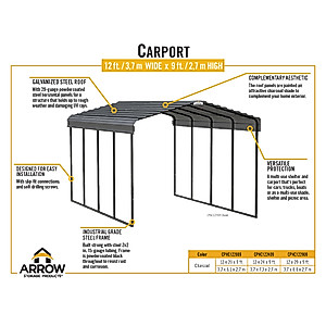Arrow Carports Galvanized Steel Carport, Full-Size Metal Carport Kit, 12' x 24' x 9', Charcoal