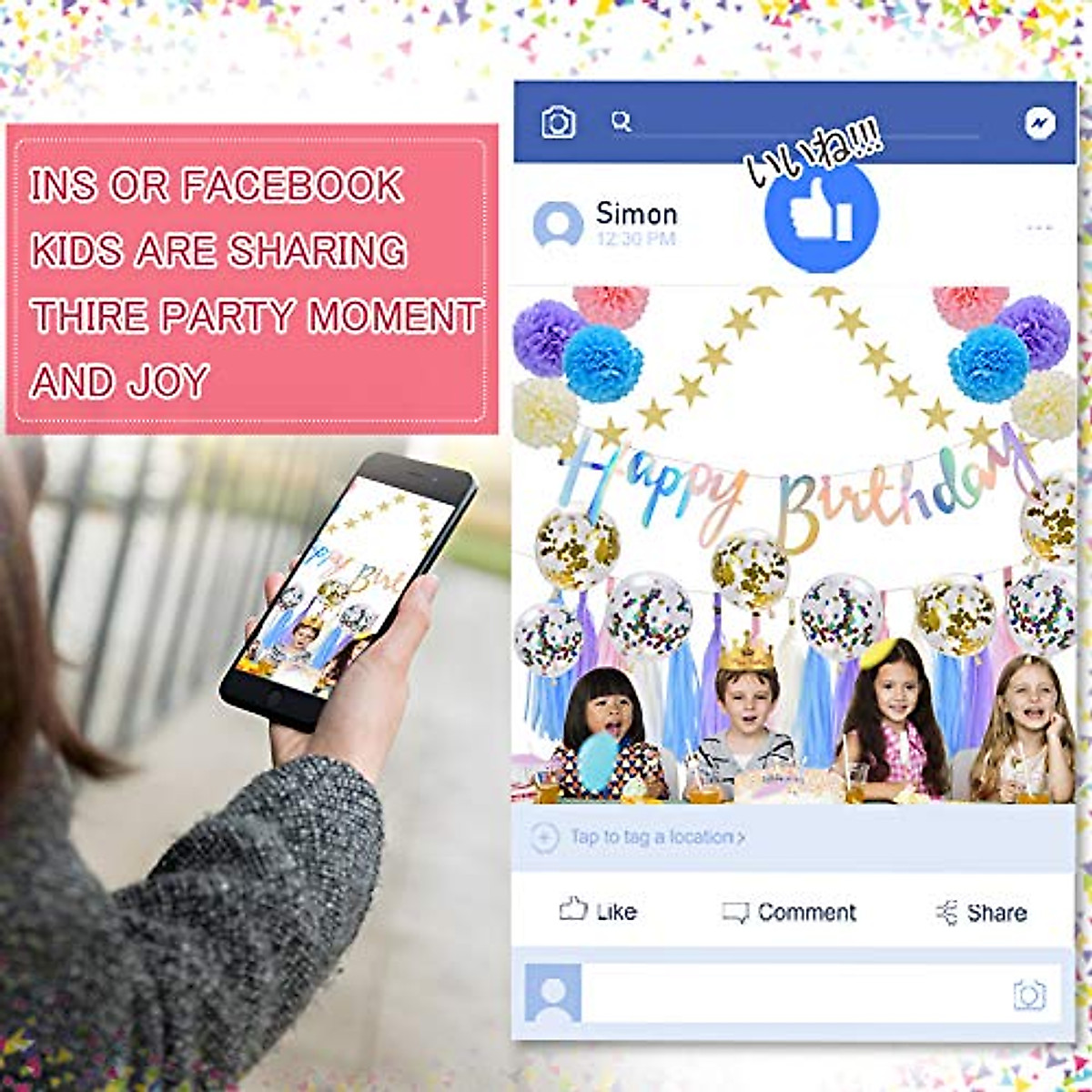 Monkey Home 39pcs Birthday Decorations Blue Purple Pink White Tissue Paper Tassel Star Garland Tissue Paper Pom Poms Confetti Balloon for Birthday,Wedding,Festival,Party Decoration