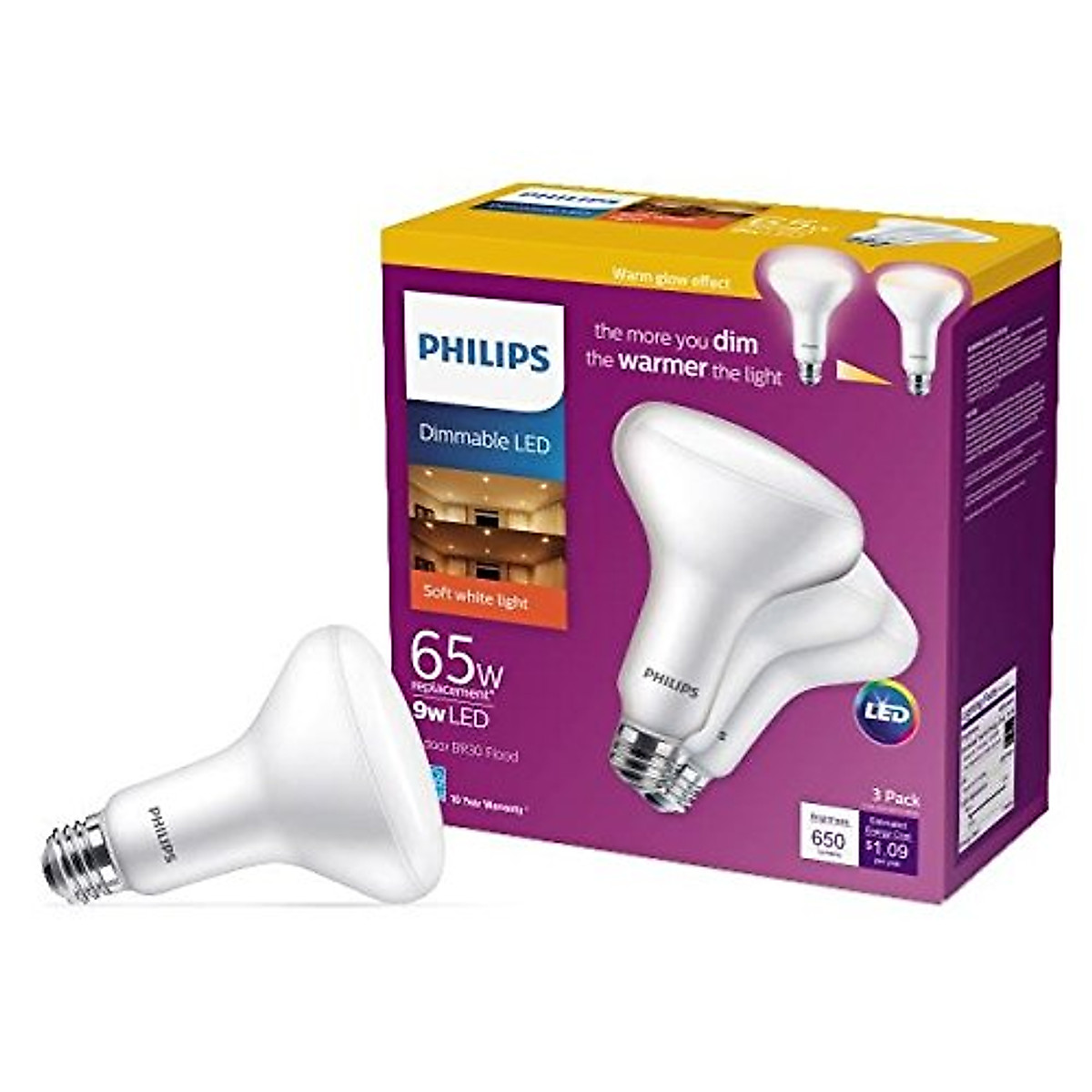 Philips LED Frosted Indoor BR30, Dimmable Warm Glow Effect, 650 Lumen, 2700-2200K, 7.2W=65W, E26 Base, 6-Pack