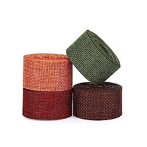 Meseey 4 Colors Total 20 Yard Fall Ribbon 1 Inch Dark Red/Orange/Moss Green/Brown No Wire Burlap Harvest Thanksgiving Farbic Ribbon for Big Bow,Wreath,Outdoor Decoration (Fall Set)