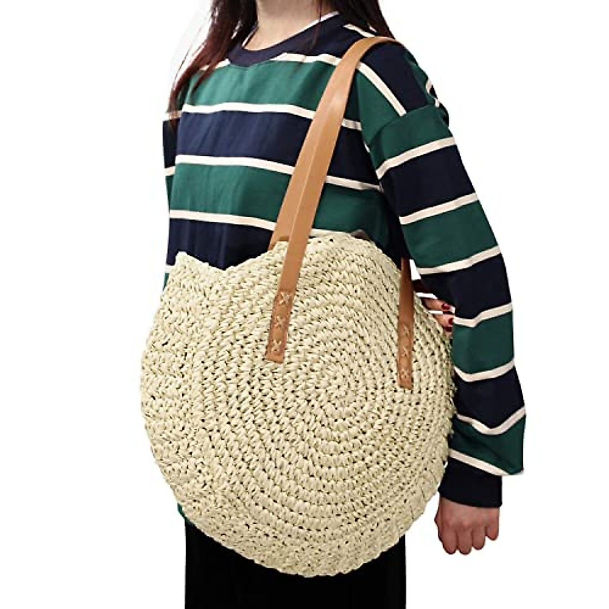 Block Garden Handmade Straw Shoulder Bag for Women Beach Bag Tote Handbag, 01 beige