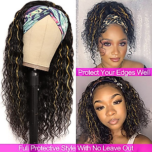 Kkioor Headband Wigs for Black Women 12inch Ombre Highlight P1b/27 Curly Headband Wigs Human Hair 10A Brazilian Remy Glueless None Lace Front Wigs 150% Density Body Curly Half Wigs