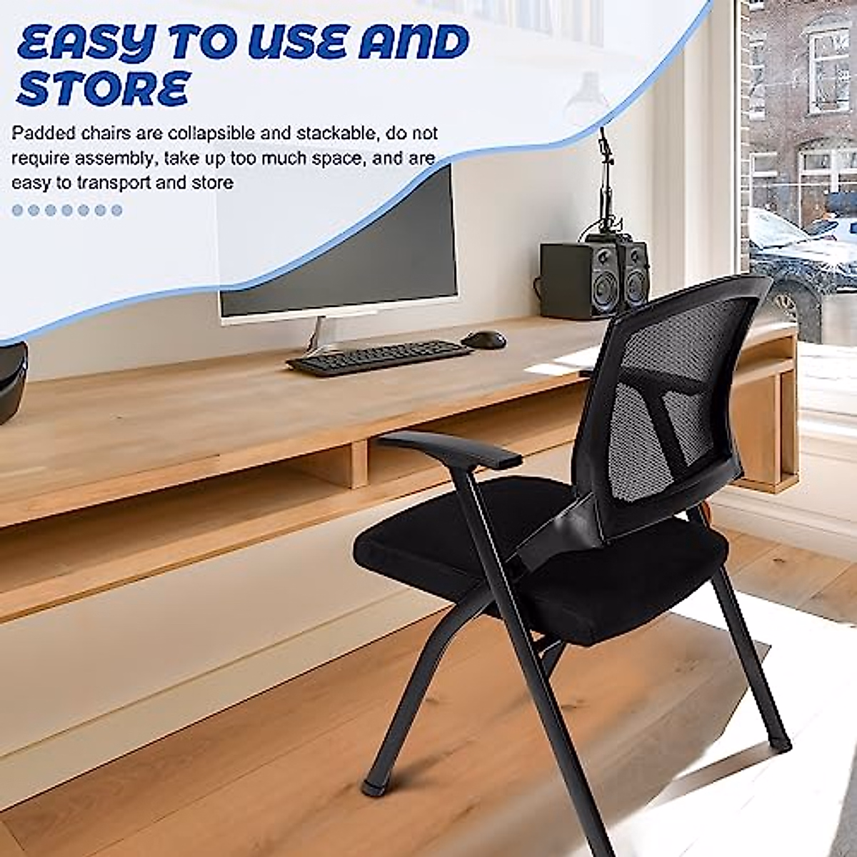 Sintuff Folding Chair with Arms and Padded Seats Comfortable Metal Folding Chairs Portable Foldable Office Chair Mesh Task Chair for Home Apartment School Meeting Room Table (Black,2 Pcs)