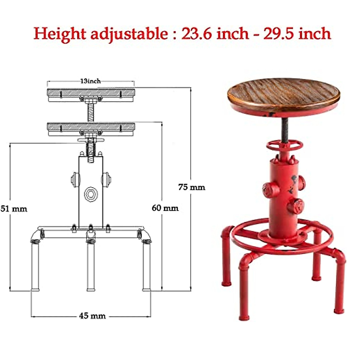 Topower 3 Piece Pub bar Set Vintage Industrial Round bar Table and Stools for 2, Height Adjustable Pub Table and stools Match bar Height and Counter Stool Antique Red(1 Table + 2 Chairs)