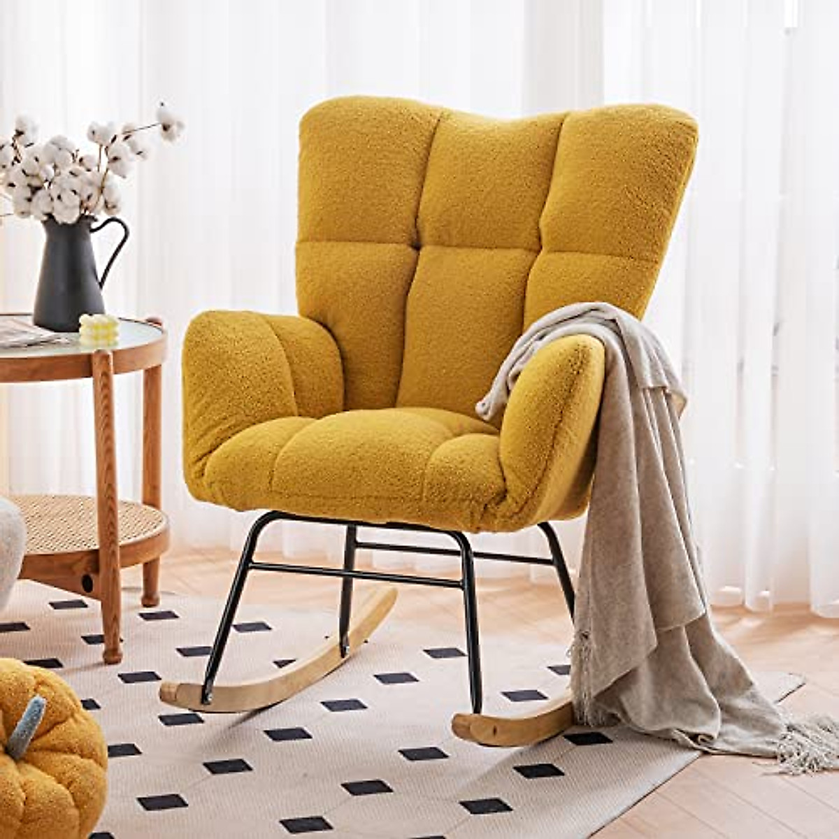 Nursery Rocking Chair Teddy Fabric Padded Seat with High Backrest and Armrest Accent Chair Upholstered Armchair Single Sofa Accent Glider Rocker for Living Room Bedroom Offices (Yellow Teddy)