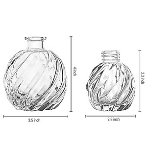 MyGift Modern Clear Glass Reed Diffuser Bottle, Small Round Decorative Bottles Flower Bud Vase with Spiral Ribbed Textured Pattern, Set of 2