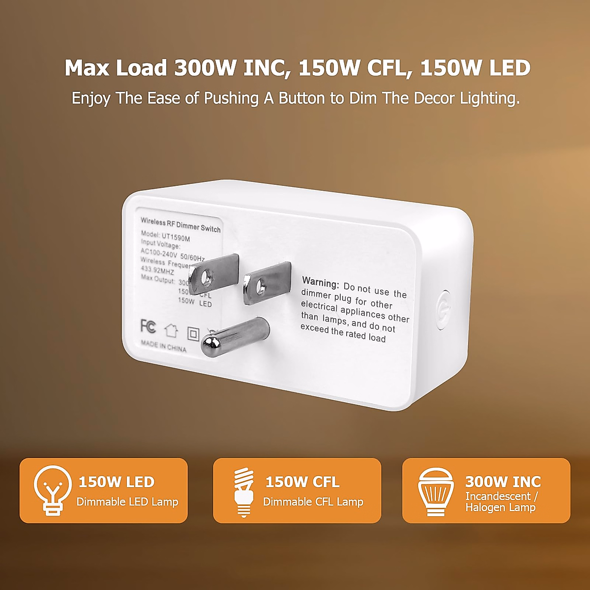 GMY Plug in Dimmer Switch for Lamp with Timer, Remote Control Indoor Dimmer for String Lights, Outlet Used for Dimmbale Patio Lights, 100ft RF Range, FCC Certified, Input AC100-240V