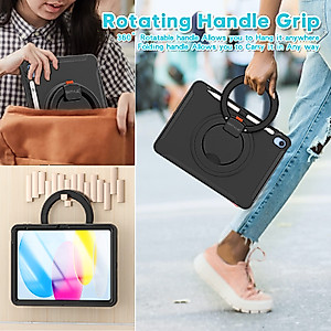 BATYUE Case for iPad (A16) 11th/10th Generation 10.9'' inch 2025/2022, Rugged Protective Shockproof Cover for Kids Girls with Screen Protector, 360° Rotating Stand, Pencil Holder, Black