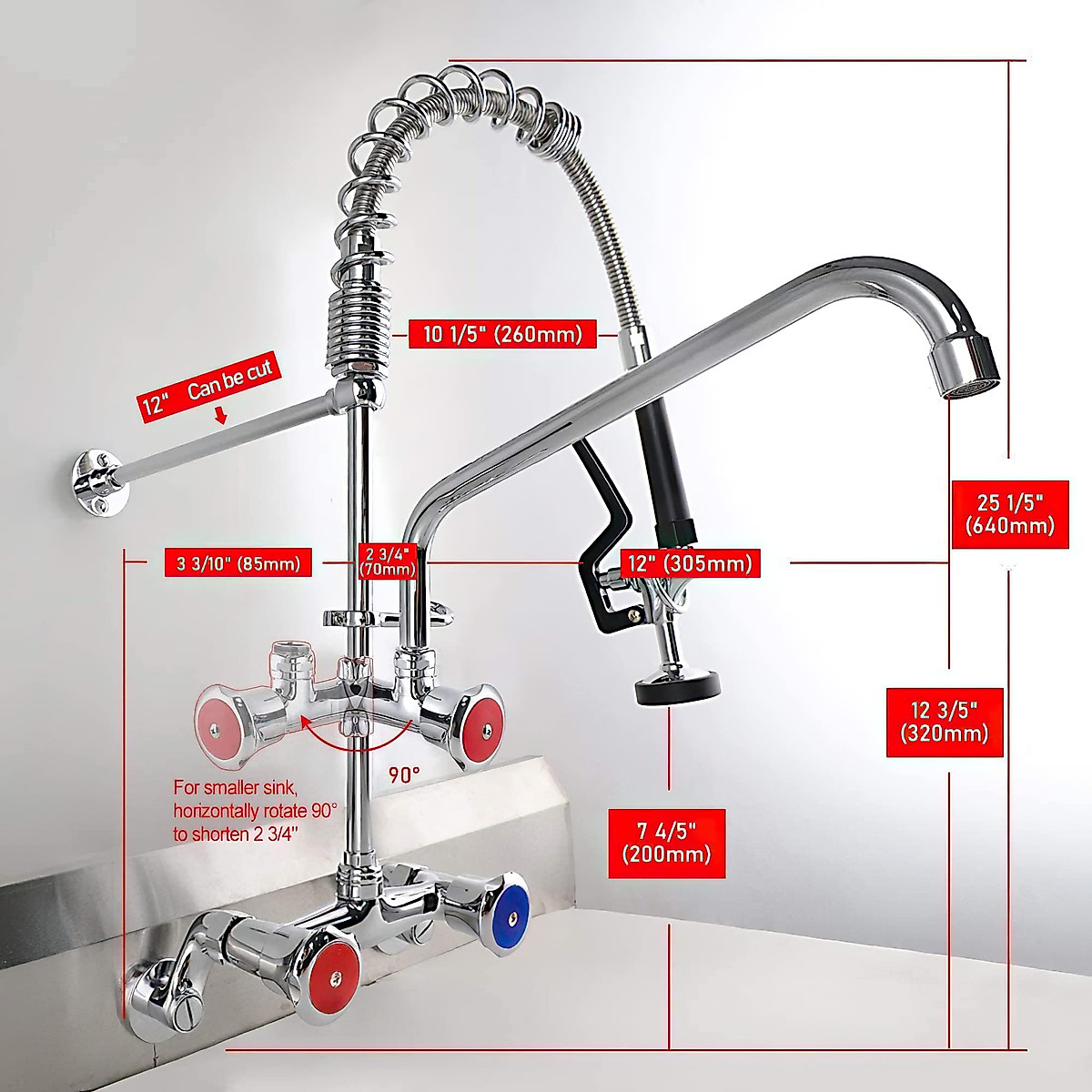 MaxSen Commercial Faucet with Sprayer Wall Mount Faucet Adjustable 4"-8" Center Commercial Kitchen Sink Faucet Pre Rinse Faucet with Spray Valve 25" Height and 12 inch Add on Spout Chrome Finsh