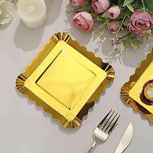 Efavormart 50 Pack | 5" Gold Foil Scalloped Rim Dessert Paper Plates, Disposable Square Appetizer Plates