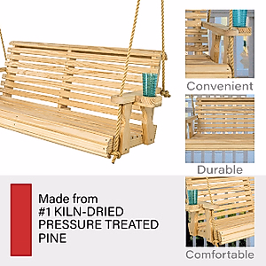 Amish Casual Heavy Duty 800 Lb Roll Back Treated Porch Swing with Hanging Ropes and Cupholders (4 Foot, Unfinished)
