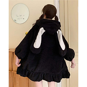 BZB Kawaii Anime Bunny Ear Hoodies For Women Sweet Lovely Fuzzy Fluffy Rabbit Sweater Tops Cosplay Jacket Coats Black