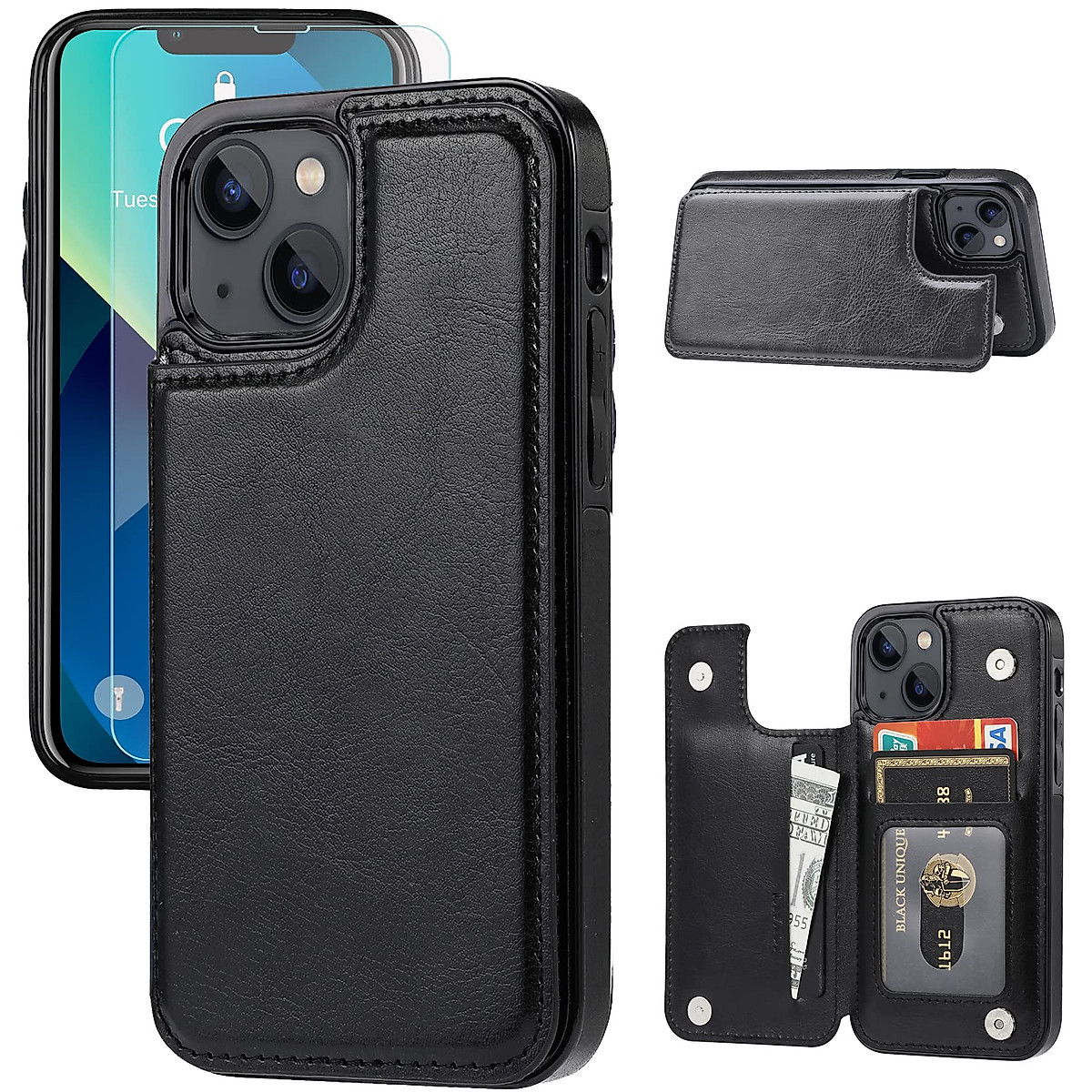 JOYAKI Wallet Case Compatible with iPhone 13,Slim Protective case with Card Holder,PU Leather Kickstand Card Slots Case with a Free Screen Protective Glass for iPhone 13(6.1")-Black