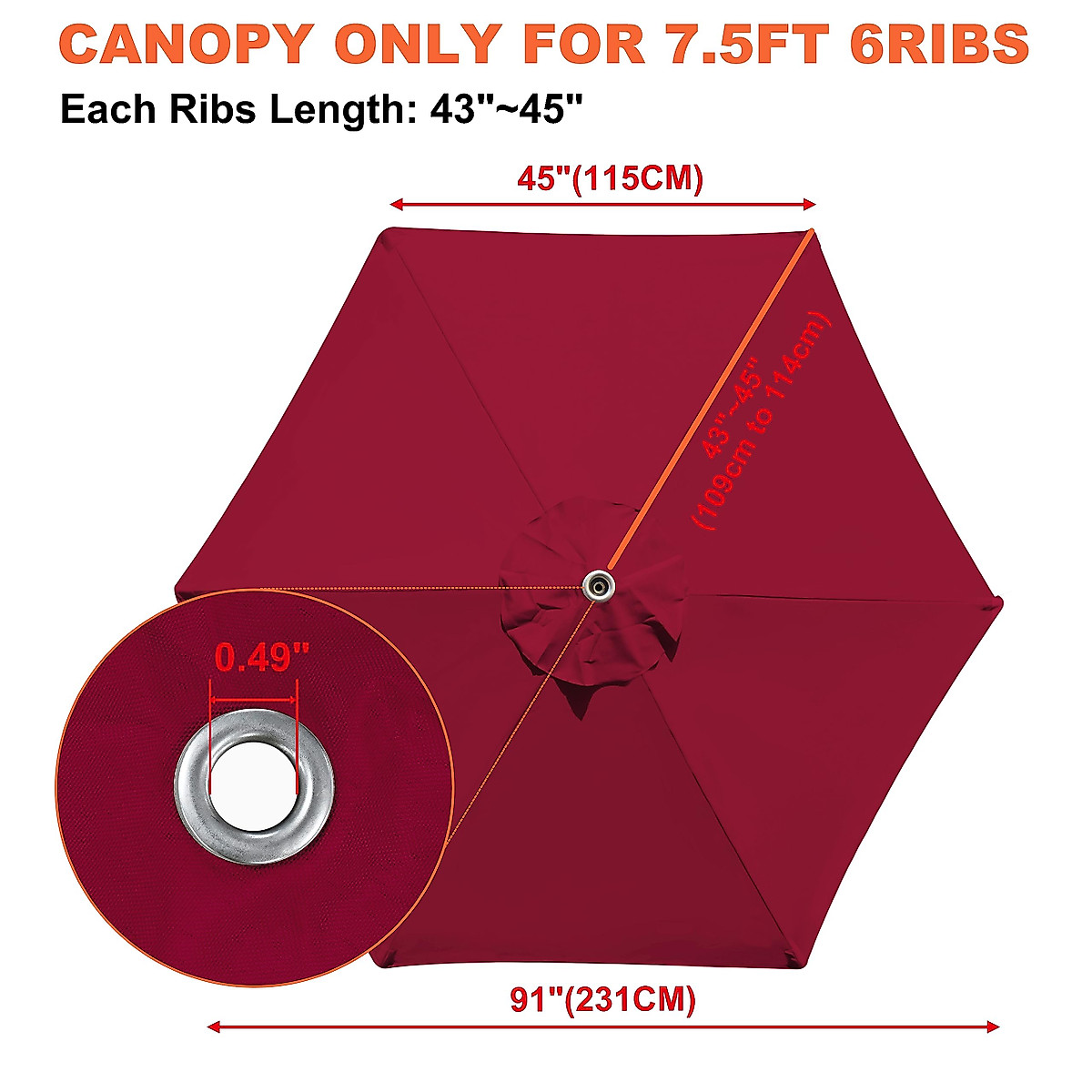 EliteShade USA 7.5FT Patio Umbrella Replacement Canopy Market Outdoor Umbrella Cover (CANOPY ONLY)(Burgundy)