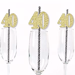 Gold Glitter 40 Party Straws - No-Mess Real Gold Glitter Cut-Out Numbers & Decorative 40th Birthday Party Paper Straws - Set of 24