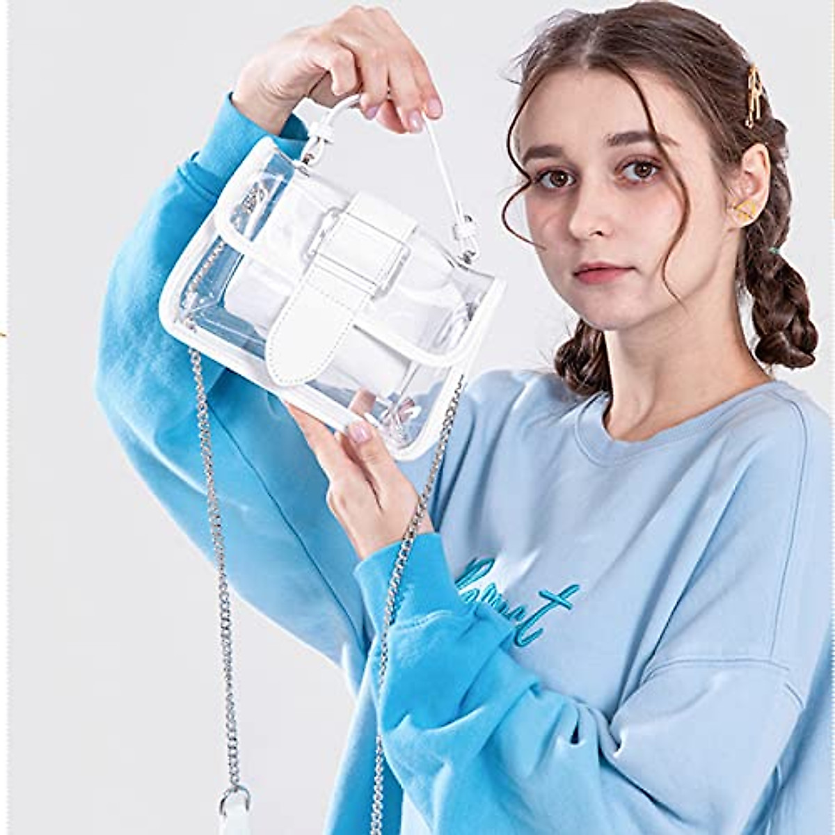 Women Clear Handbag Purse 2 in 1 Chain Shoulder Crossbody Bag Top-handle PVC Transparent Tote Satchel Tote Bag, White