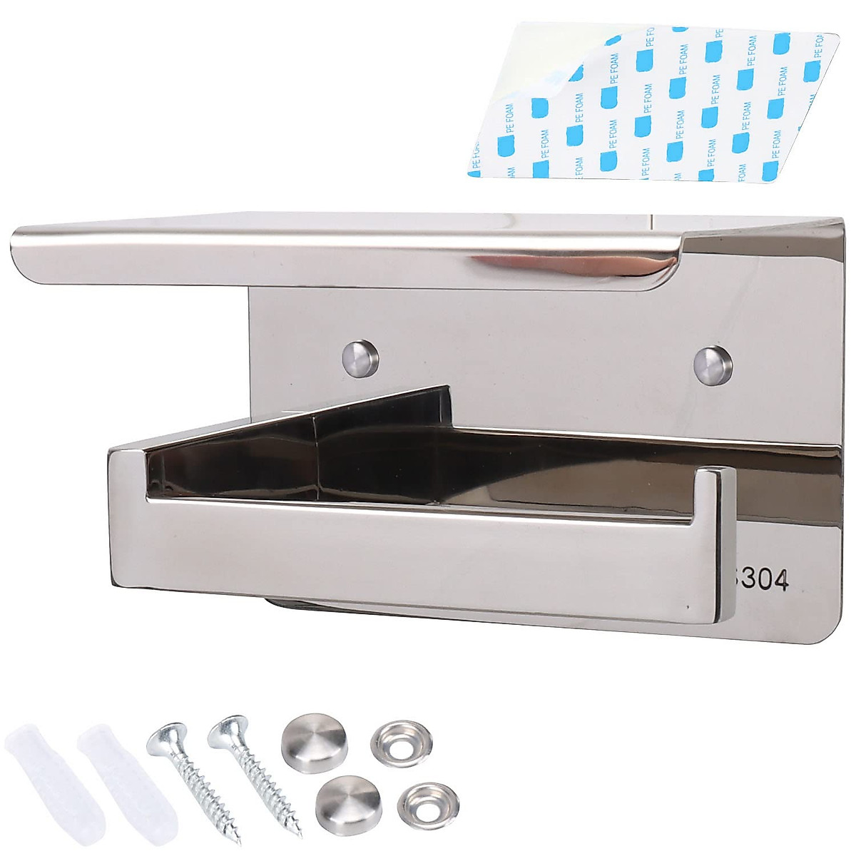 Vanloory Toilet Paper Holder with Shelf, SUS304 Stainless Steel Anti-Rust Paper Roll Holder, Drilling or Adhesive Tissue Paper Holder, Fit Big Roll Toilet Paper Dispenser Wall Mounted（Polished Chrome）