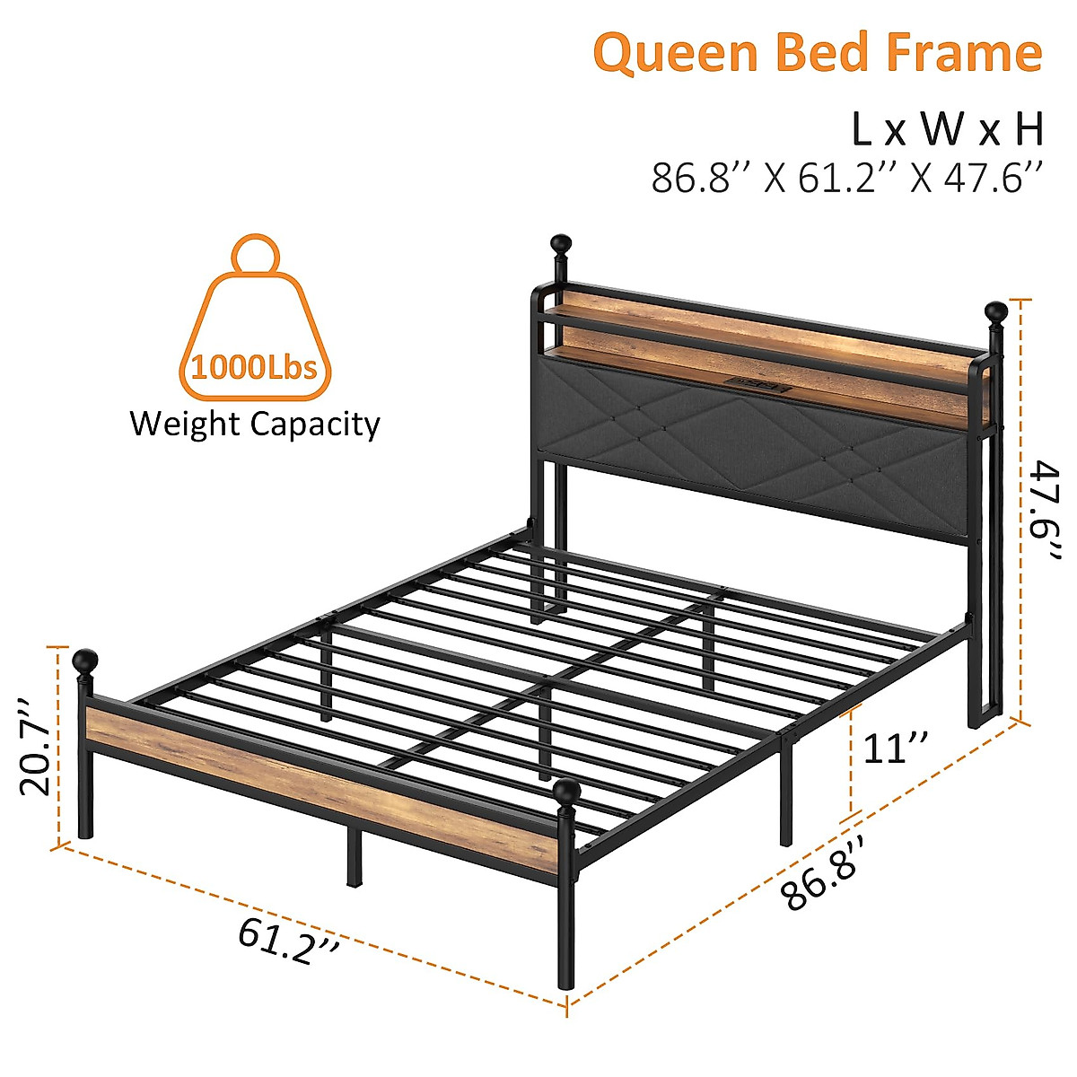Winkalon Metal Bed Frame Queen Size Black Iron Platform with Modern Headboard and Footboard No Box Spring Needed, Under Bed Storage, Strong Slat Support (Canopy Bed Frames, Queen)