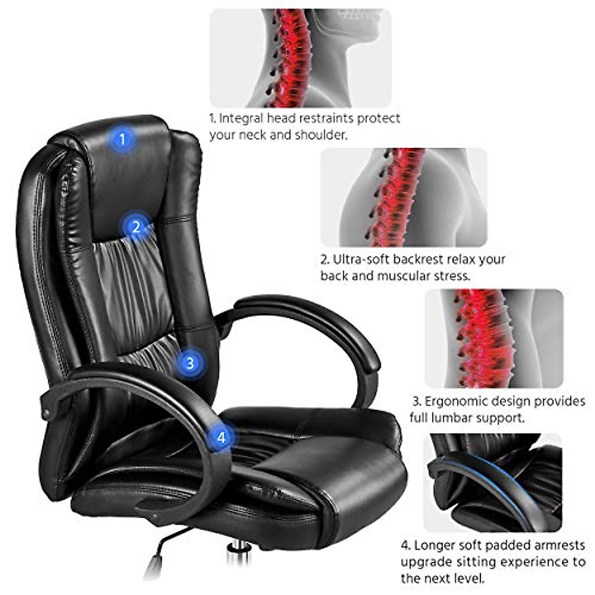Yaheetech Executive Office Desk Chair, High-Back Ergonomic Computer Chair, Swivel Conference Chair, Rolling Task Chair Bonded Leather with Lumbar Support, Armrest