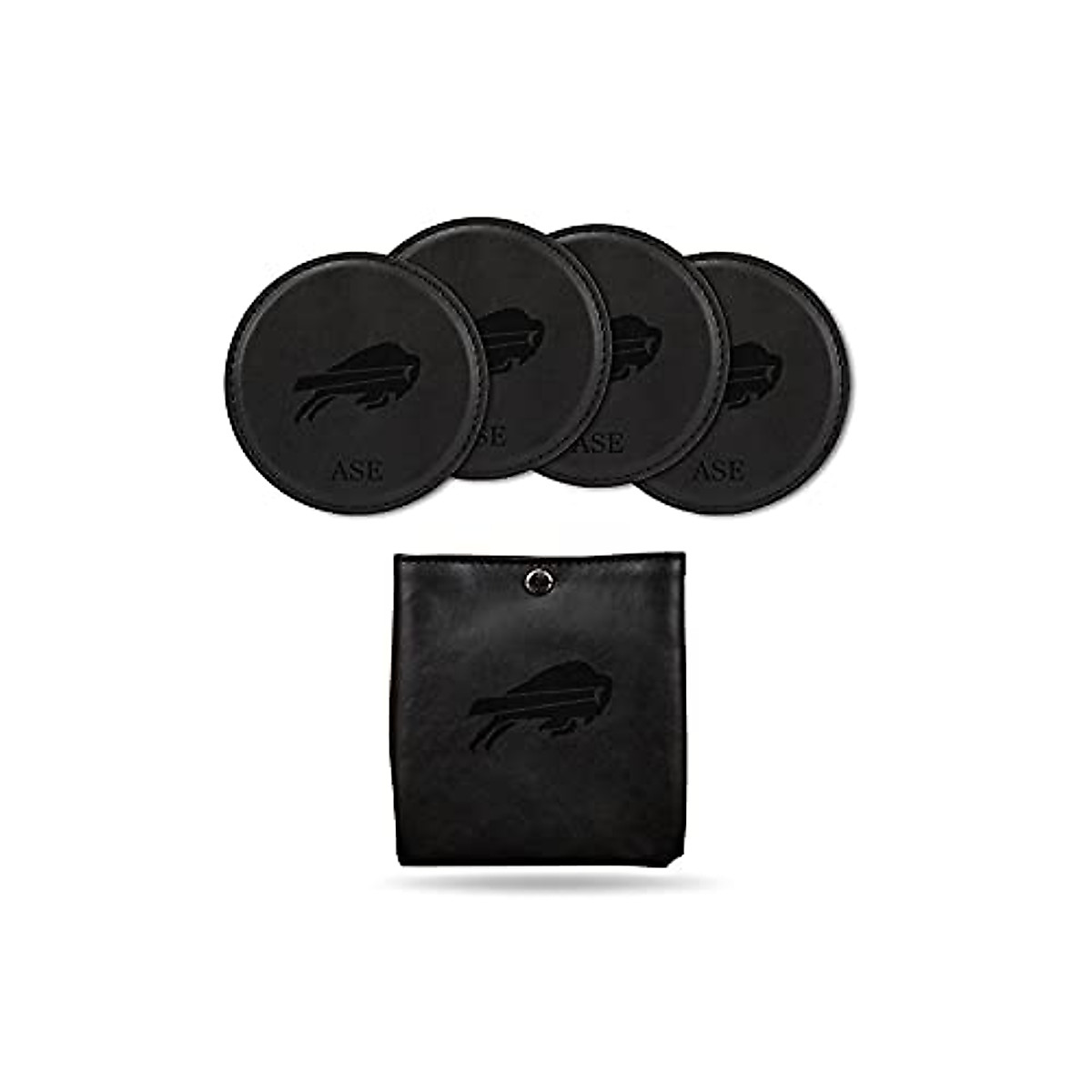 Rico Industries NFL Buffalo Bills Black Personalized Faux Leather Laser Engraved 4-Pack Coaster Set with Pouch - Great Beverage Accessory for Game Day