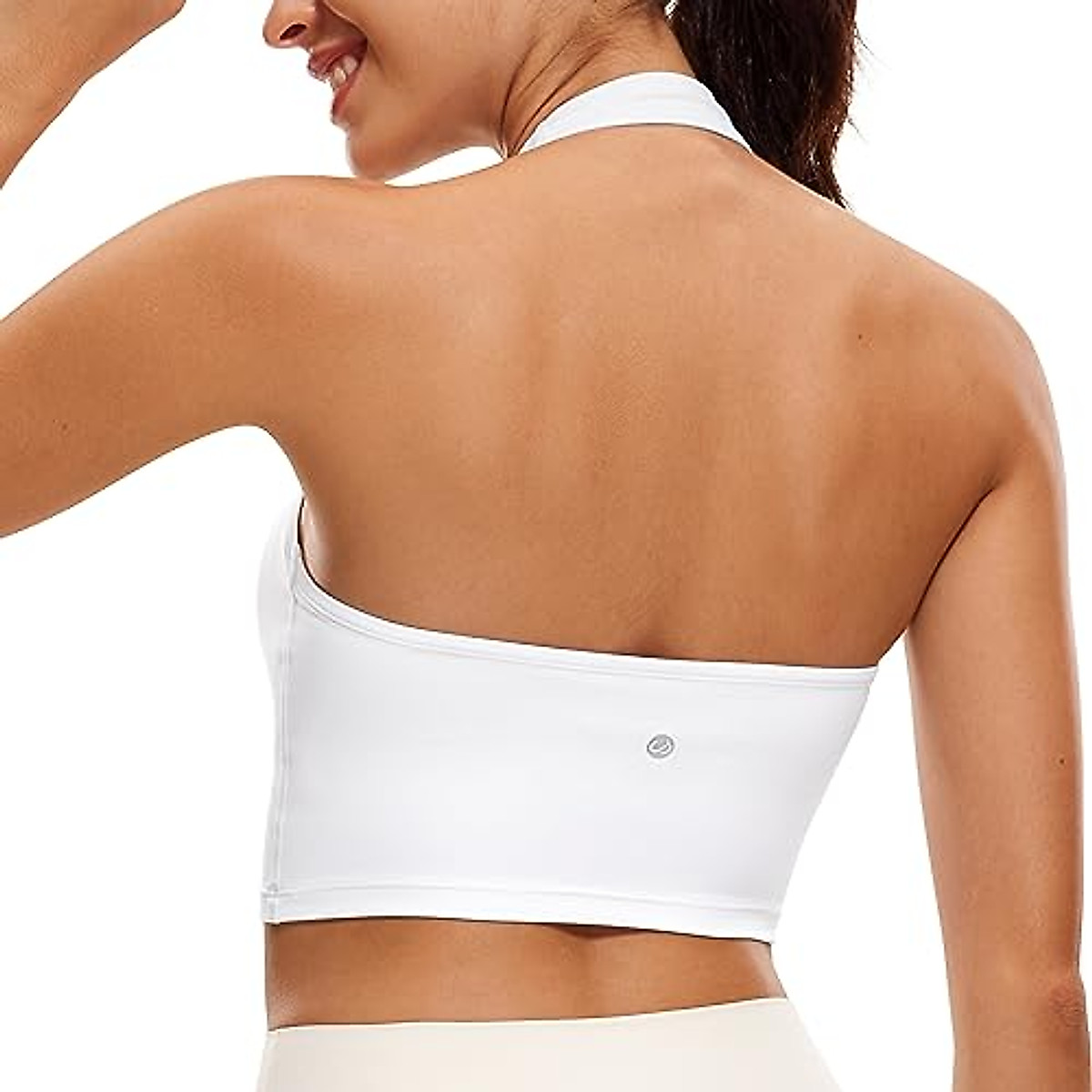 CRZ YOGA Womens Butterluxe Halter Longline Sports Bra - Padded Workout Yoga Crop Tank Tops with Built in Shelf Bra White Small