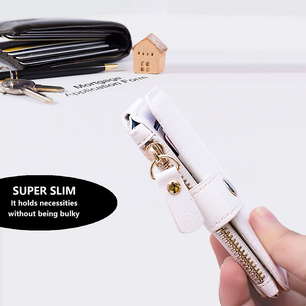 M-Plateau Off white Keychain Wallet, Wallet Women with Circle Coin Purse Keychain and Zipper Card Case,Trifold Leather wallet with ID Window Gift For Women (White)