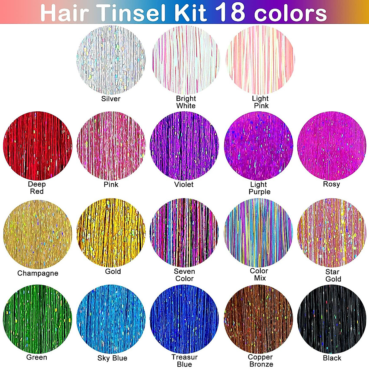 Hair Tinsel Kit (48 Inch,18 Colors, 4320 strands), Tinsel Hair Extensions with Tools, Heat Resistant Fairy Hair Tinsel Kit for Women Hair Accessories