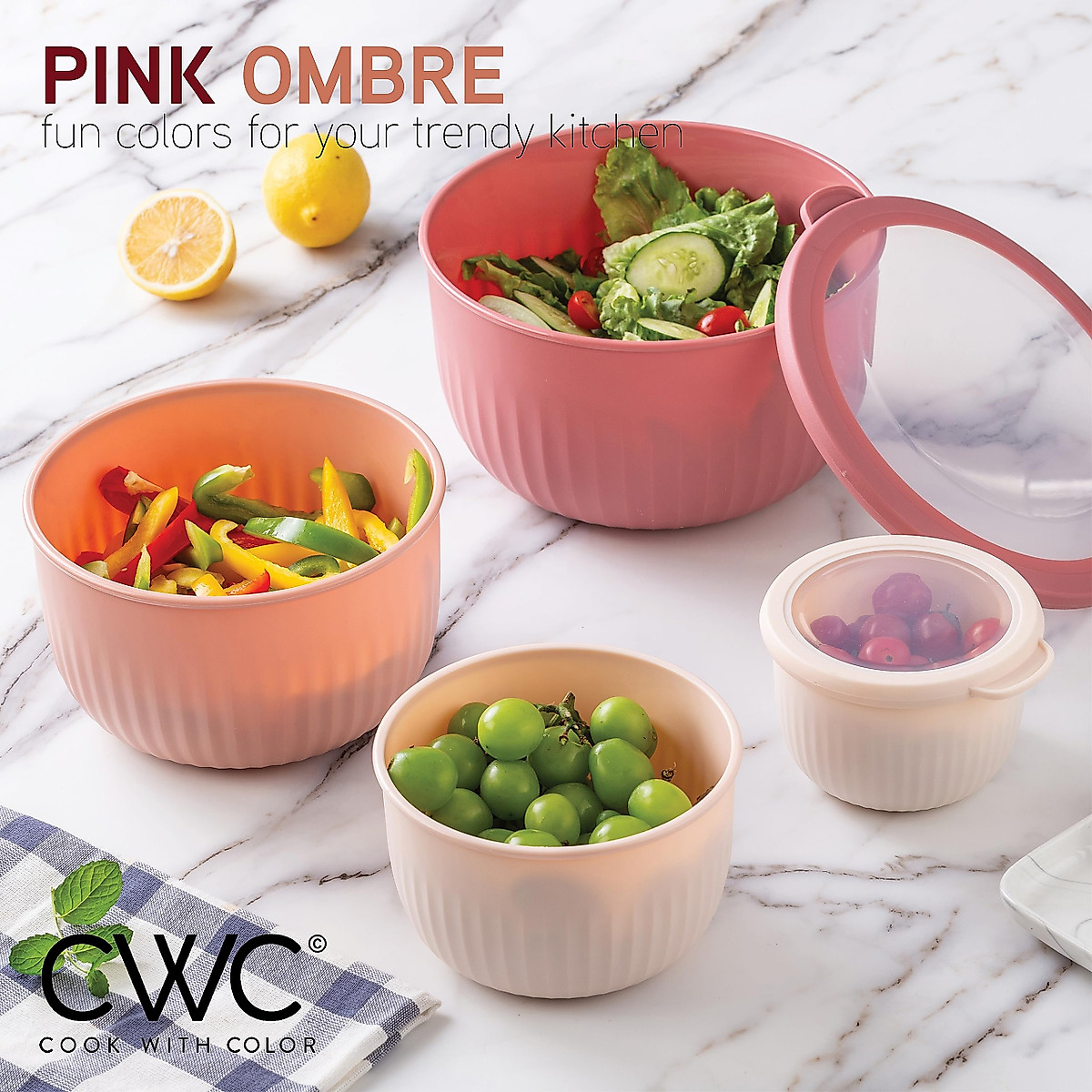 COOK WITH COLOR Prep Bowls with Lids- Wide and Deep Nesting Plastic Small Mixing Bowl Set with Lids, 12 Piece Set - Deep Bowls, Rose