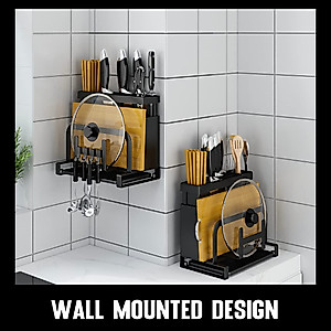 5 in 1 Knife Holder, Toooi Multifunctional Wall Mount Knife Blocks, Cutting Board Pot Lid Holder Countertop Organizer, Kitchen Storage Accessories, Tableware Flatware Caddy Utensil Holder, Pink