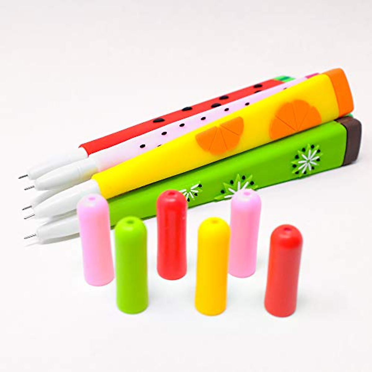 Fruit Shaped Pens Set of 6 and Reusable Mason Jar Pouch, Silky Smooth Fine Tip Black Gel Ink Pens, Quality Molded Silicone Creates Whimsical Stationary for Office, School or Gift (1 Pack)