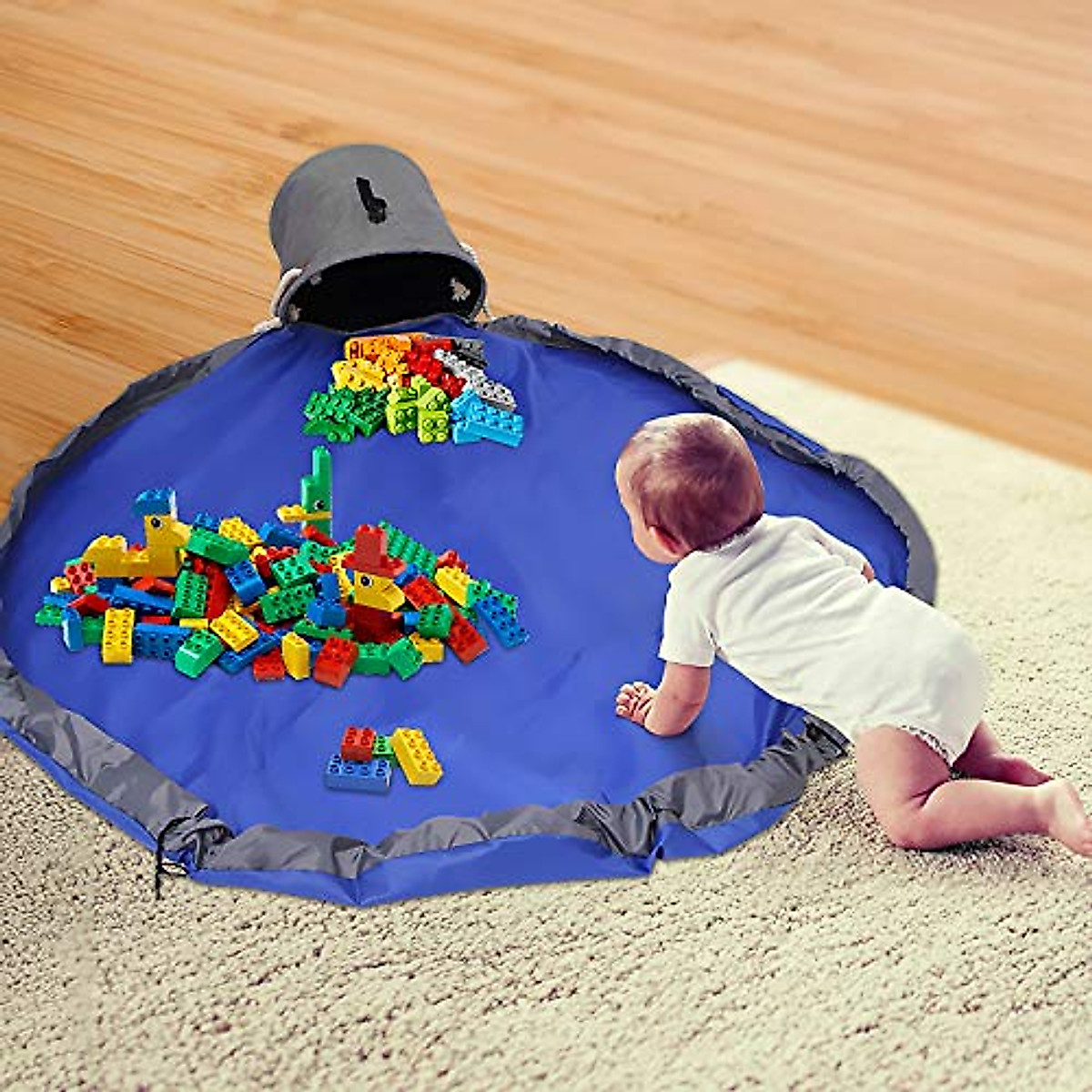 Fuoliystep Toy Storage Basket,Toy Organizer and Play Mat, Foldable Storage Basket Box with Drawstring Storage Bag Oxford Fabric Toy Storage Organizer with Detachable Playing Blanket and Basket Lid (B)