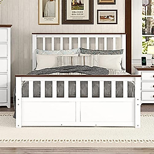 ERDAYE Full Size Bedframe Wooden Platform Bed with Two Storage Drawers and Wood Slat Support, White+Walnut