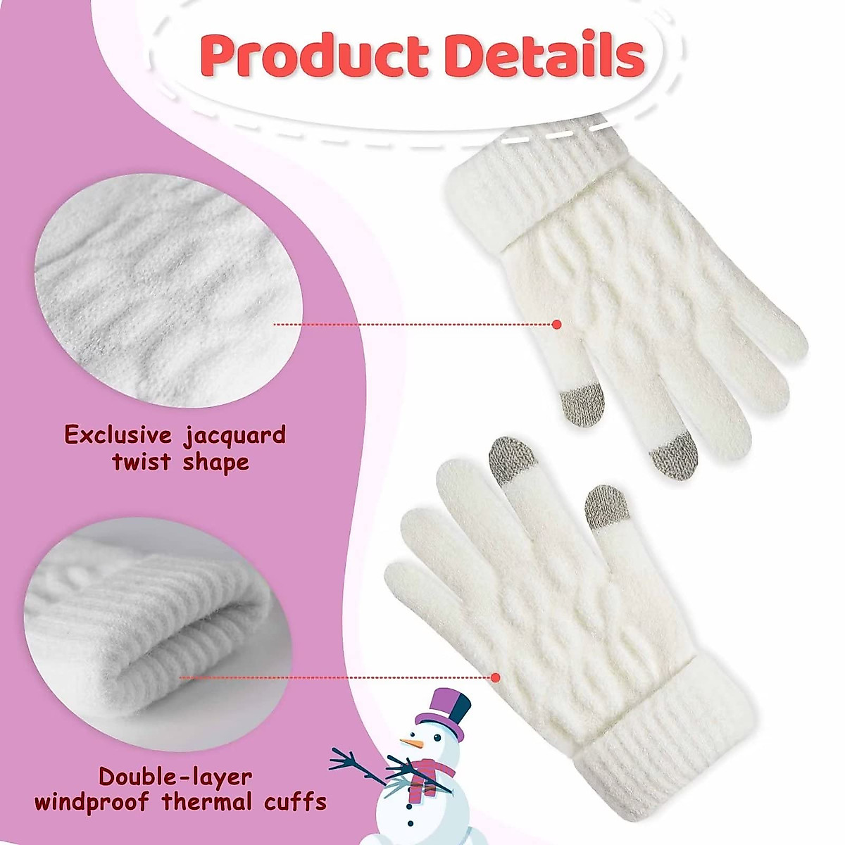 PHODIL Kids Gloves Winter Warm With Touchscreen Fingers 3 Pairs,Toddler Gloves Knitted with Fleece Lined for Cold Weather,Girls Gloves Boys Gloves Mittens for Children Age 9-15