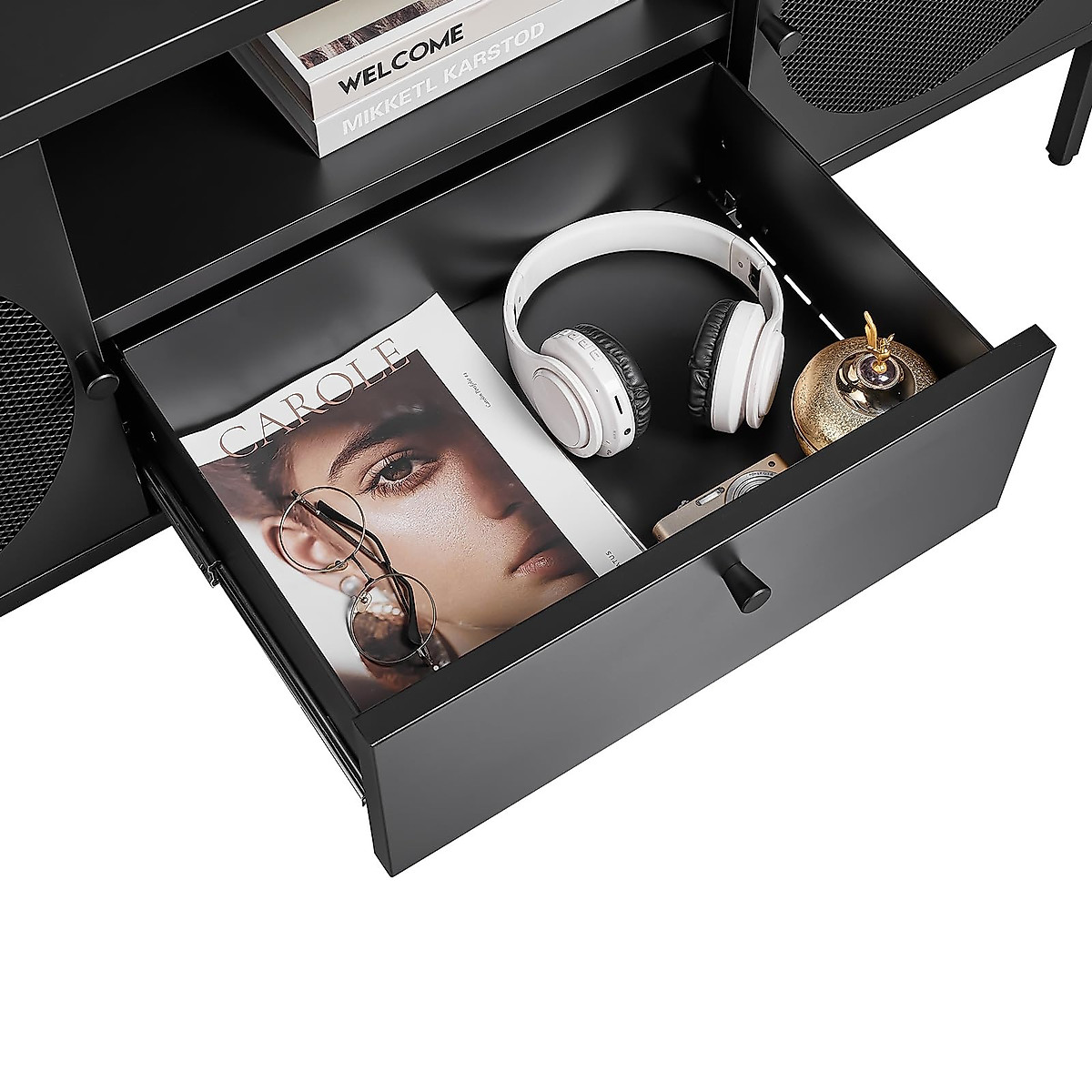 TV Stand Retro Record Cabinet Metal Storage Cabinet Cupboard Console Table Entertainment Center with Storage Cabinet Sideboard Buffet tv Stand Metal Locker Media Entertainment Center with Cable Hole