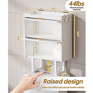 Cozivolife Over The Toilet Storage Cabinet,Bamboo Bathroom Organizer Rack with Lid and 2 Hooks,Space Saver Shelf for Bathroom,No Drilling Design Wall Mounted (White, L)