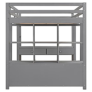 Merax Full Size Loft Bed with Built-in Desk with Two Drawers, Storage Shelves, Solid Wood Frame for Teens, Grey