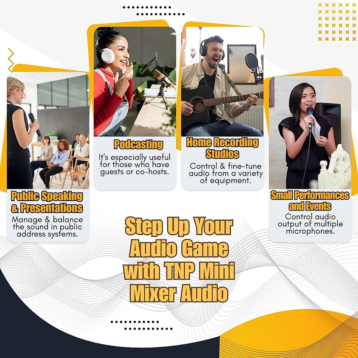 TNP Mini Mixer Audio - Compact 2 Channel Stereo Mixer, Black, Easy Control, Portable, Compatible with 6.35mm Dynamic Microphones & RCA Stereo Output