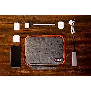 Three Layer Electronics Organizer and Travel Organizer for Tablet, Cables, and Chargers. Size XL Fit up to 10" Tablets. (Grey and Bright Orange)